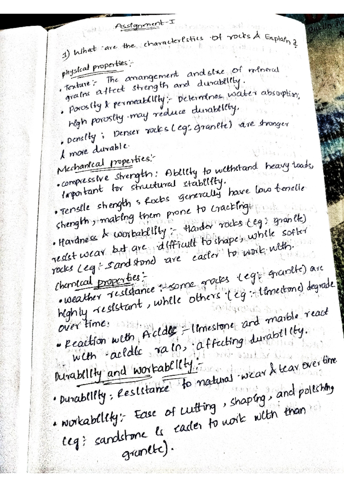 BT assignment 1 - Buliding technology - 1) what are the characterestics of rocks Explain a ...