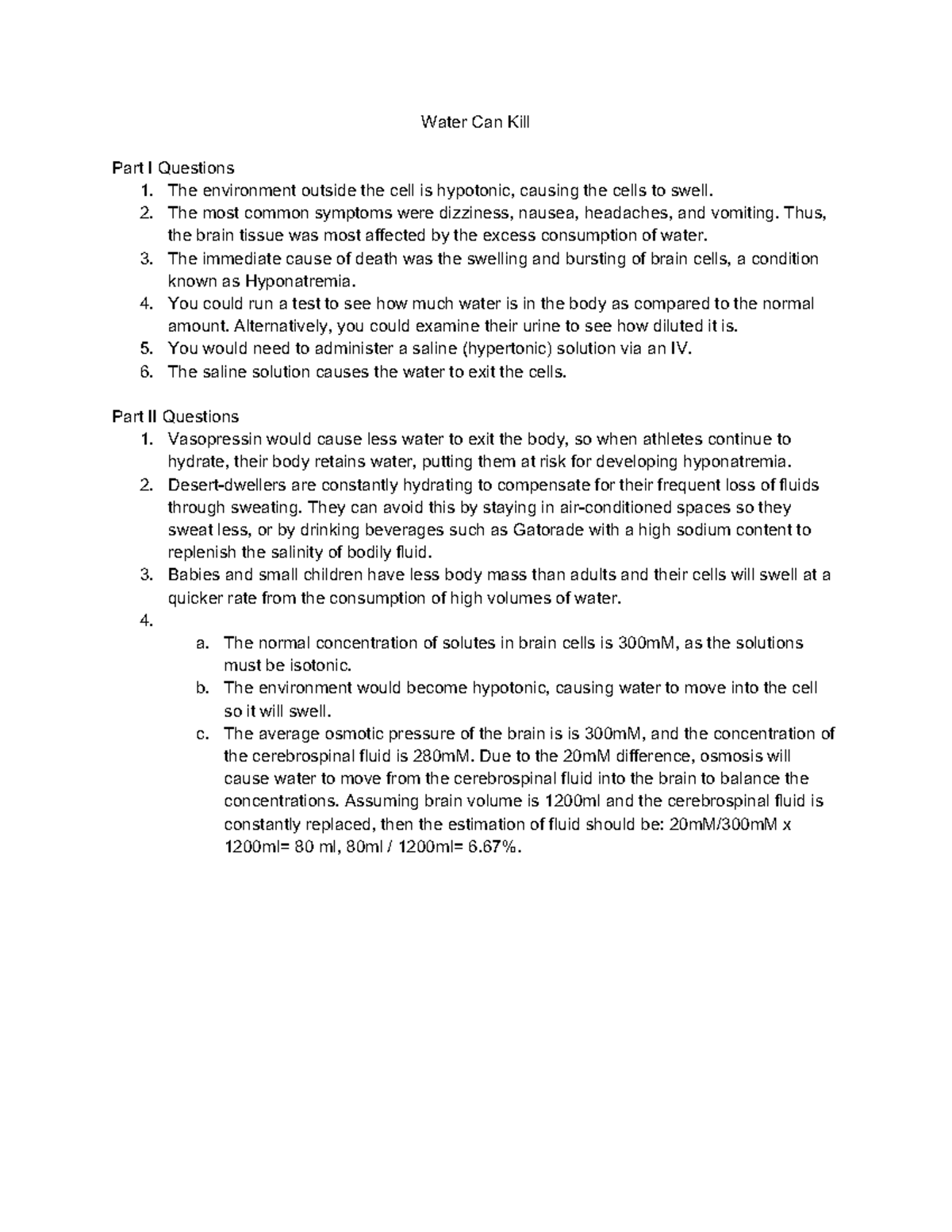 Water Can Kill Questions PDF - Water Can Kill Part I Questions 1. The ...