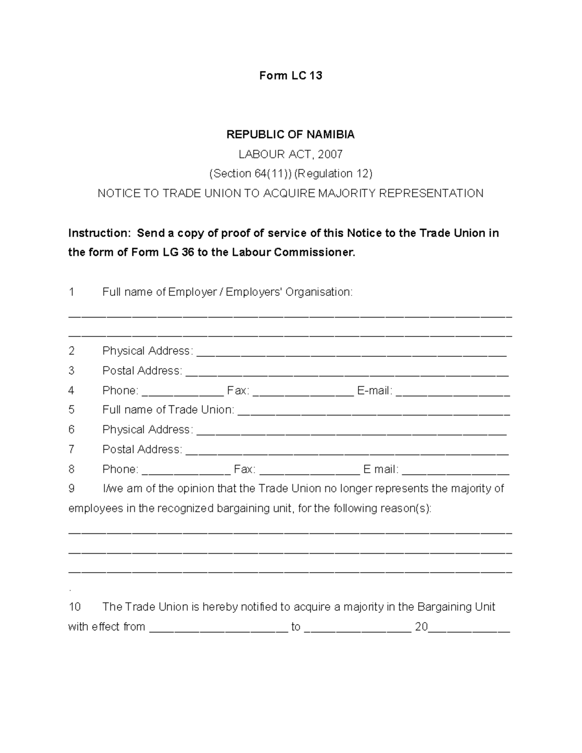 Form LC 13 - Notice to Trade Union for Majority Representation - Studocu