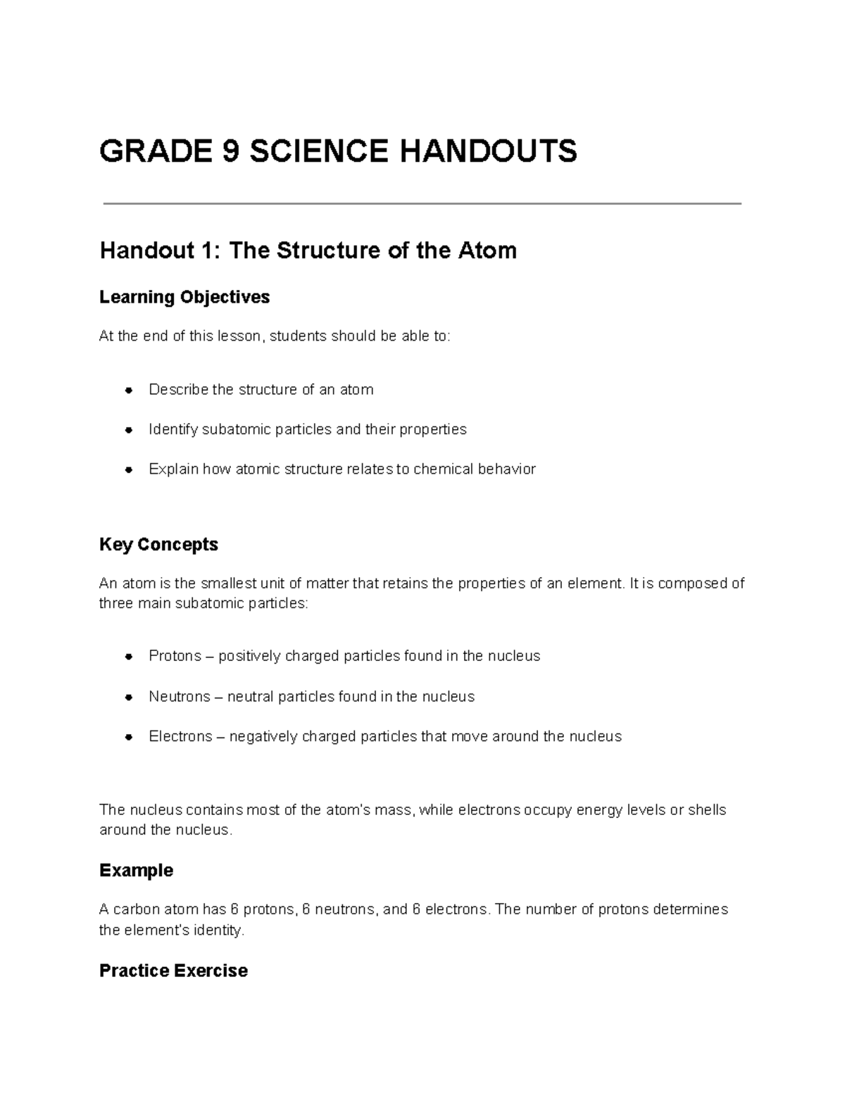 GRADE 9 SCIENCE HANDOUTS: Atom Structure, Bonding & Energy - Studocu