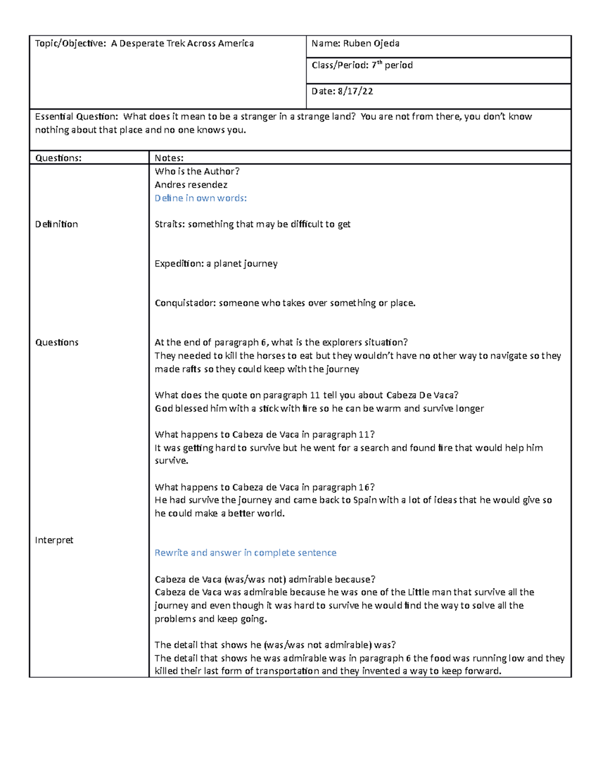 Cornel Notes - lectures - Topic/Objective: A Desperate Trek Across ...