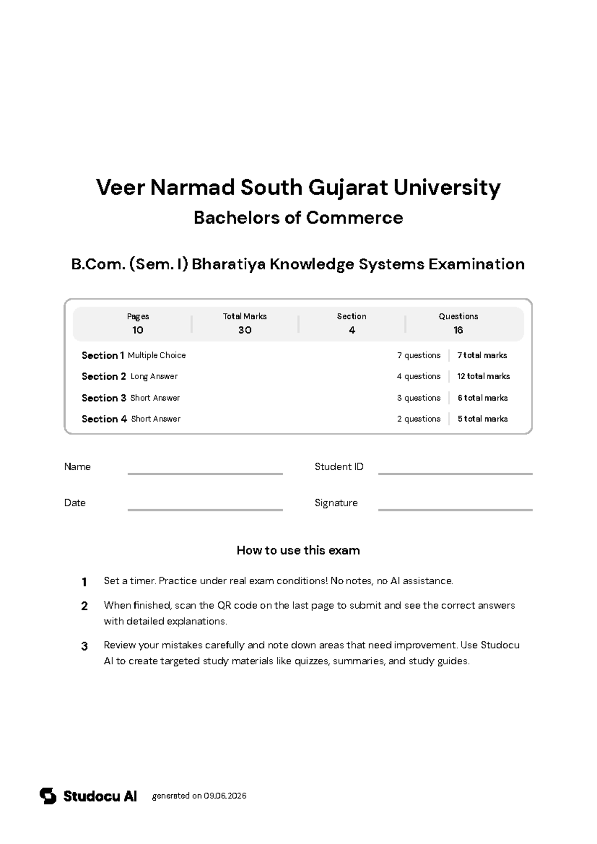 B.Com. Sem. I Bharatiya Knowledge Systems Exam - Studocu