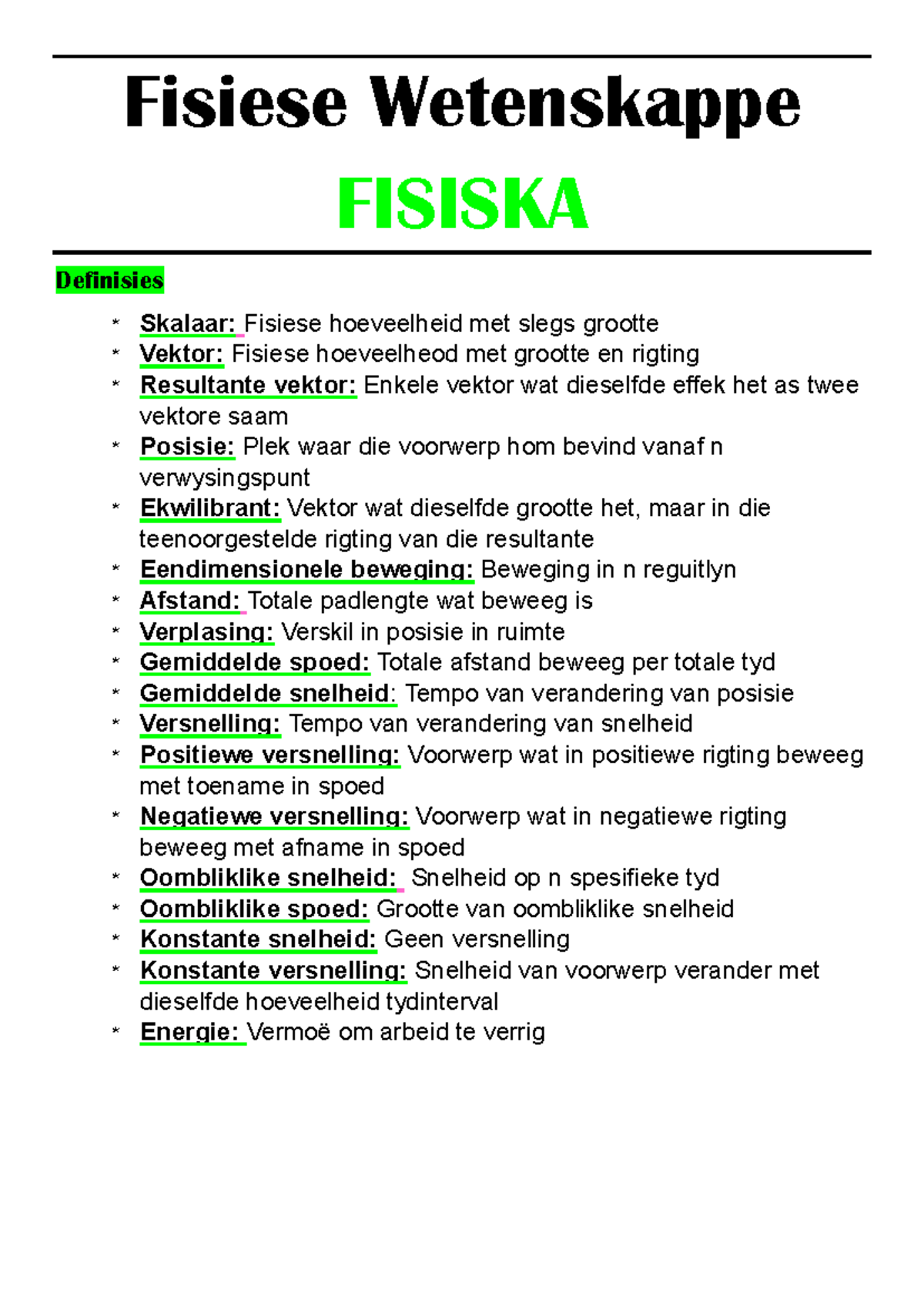 Fisiese wetenskappe FISISKA opsommings van definisies en konsepte - Studocu