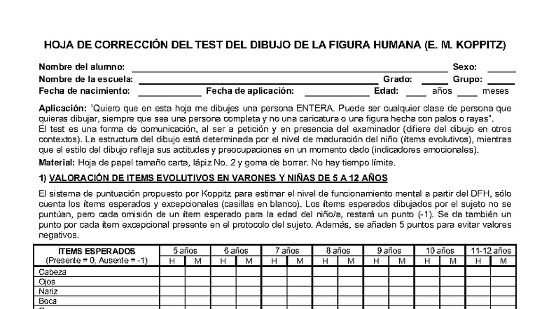 Protocolo del Test de Dibujo de la Figura Humana (DFH) - Koppitz - Studocu
