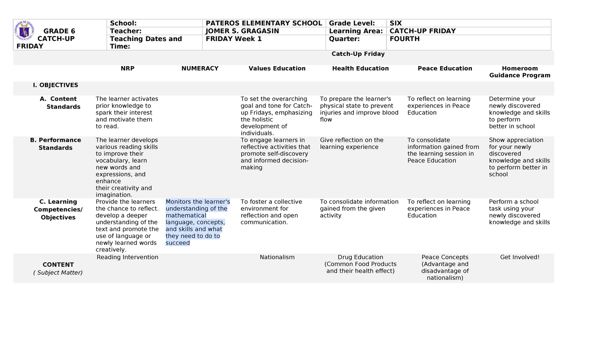 CUF WEEK 1 Q 4 Grade 6 - READING ENHANCEMENT - GRADE 6 CATCH-UP FRIDAY ...