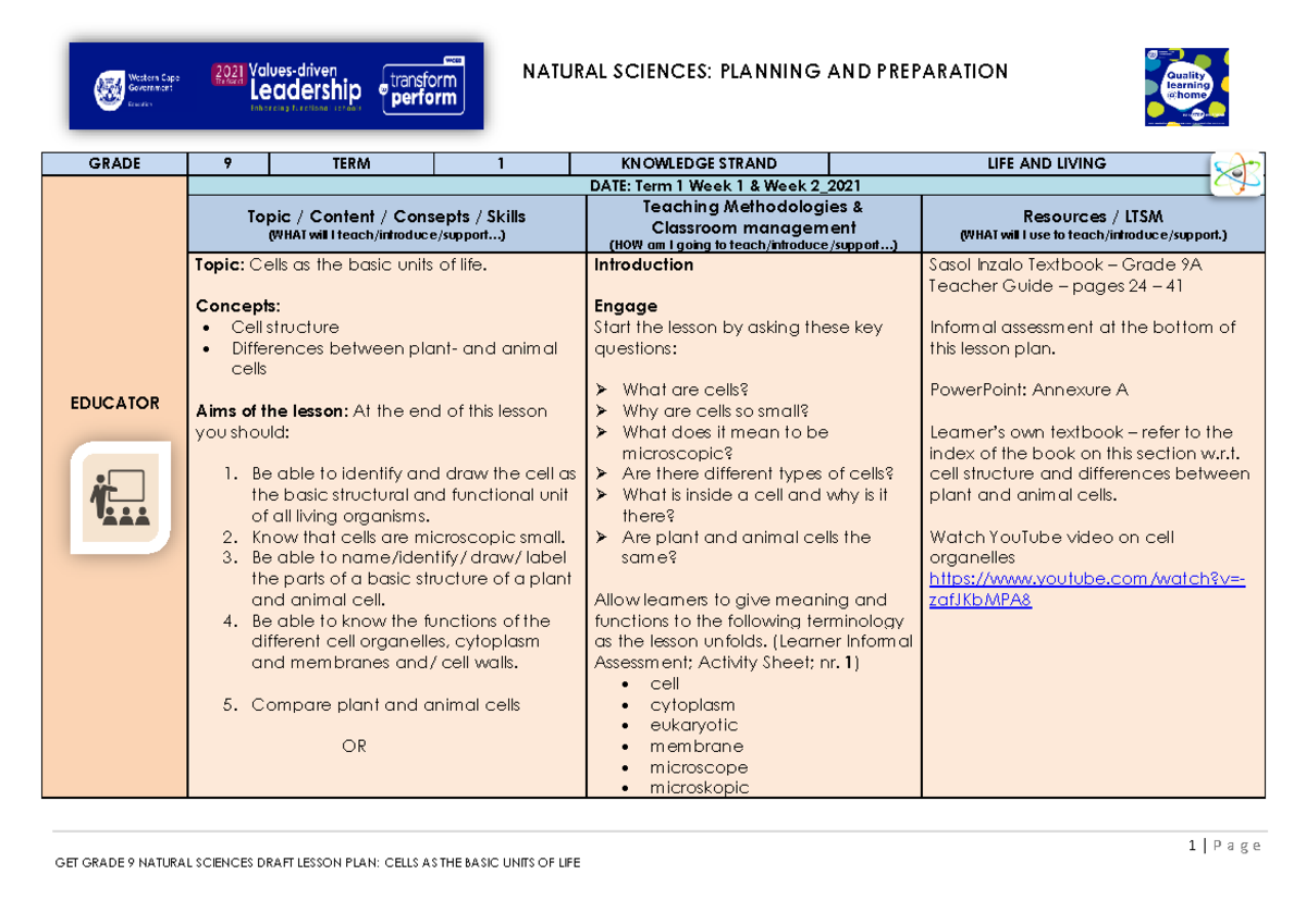 Grade 9 Natural Sciences Lesson Plan: Cells in Life & Living T1 W1&2 ...