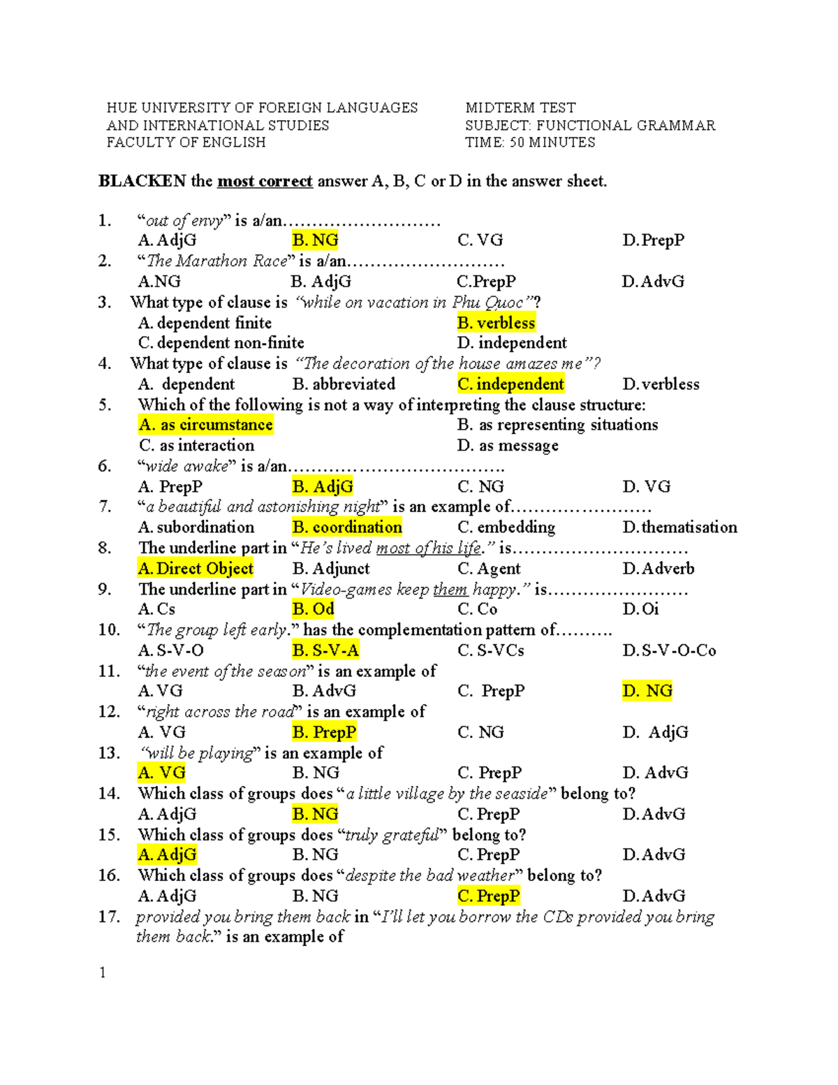 HUE UNIVERSITY OF FOREIGN LANGUAGES MIDTERM TEST: FUNCTIONAL GRAMMAR ...
