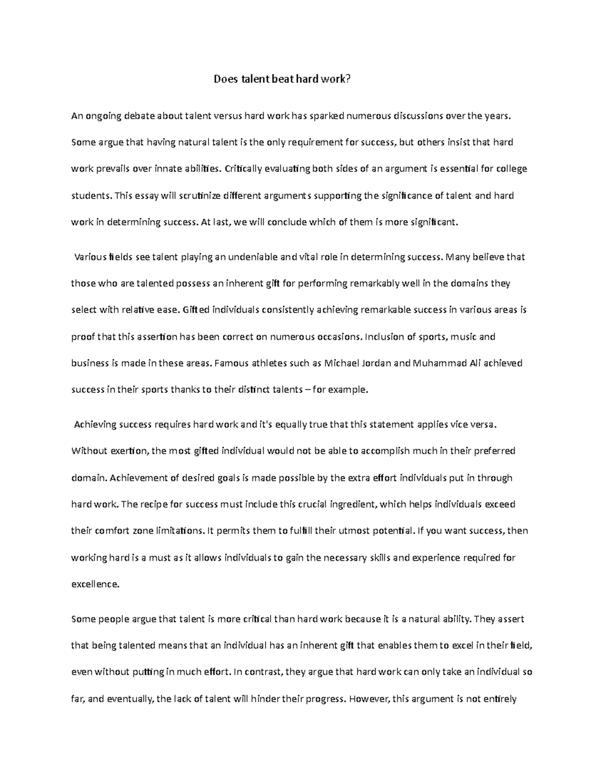 ENG101 - Essay on Talent vs. Hard Work: Which Matters More? - Studocu