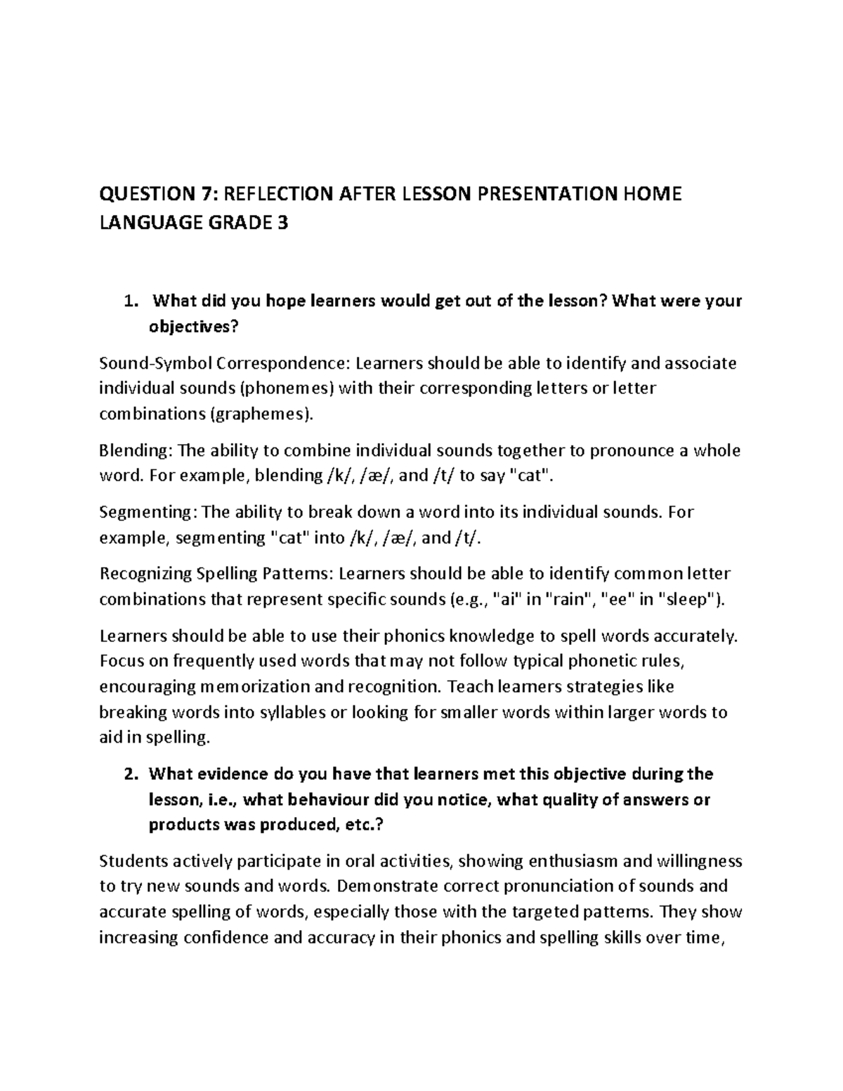Reflection on Lesson Presentation: Home Language Grade 3 - Studocu