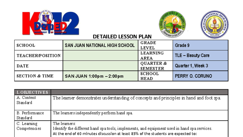 Grade 9 TLE Lesson Plan: Hand Spa Tools & Equipment Overview - Studocu
