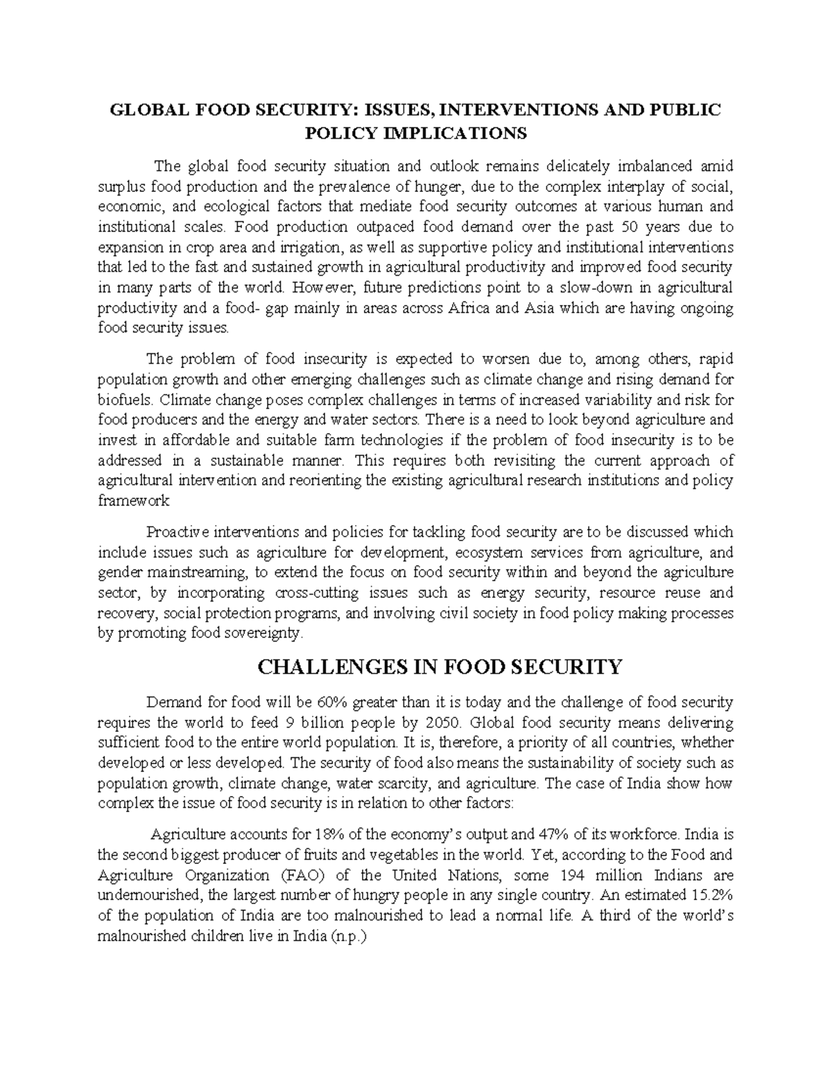 GLOBAL FOOD SECURITY: ISSUES & INTERVENTIONS (Reading Activity) - Studocu