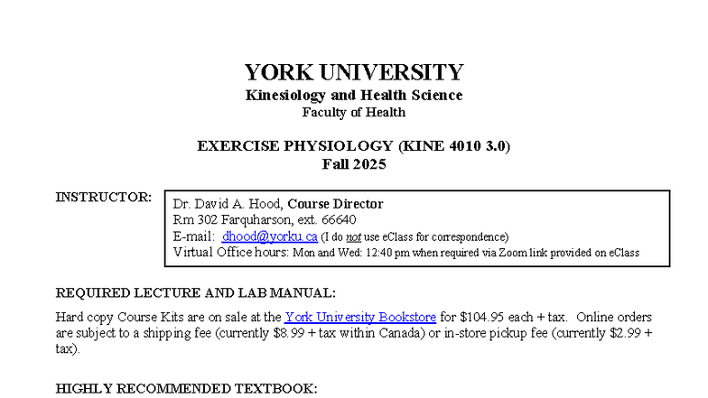 KINE 4010 3.0 Exercise Physiology Course Outline - Fall 2025 - Studocu