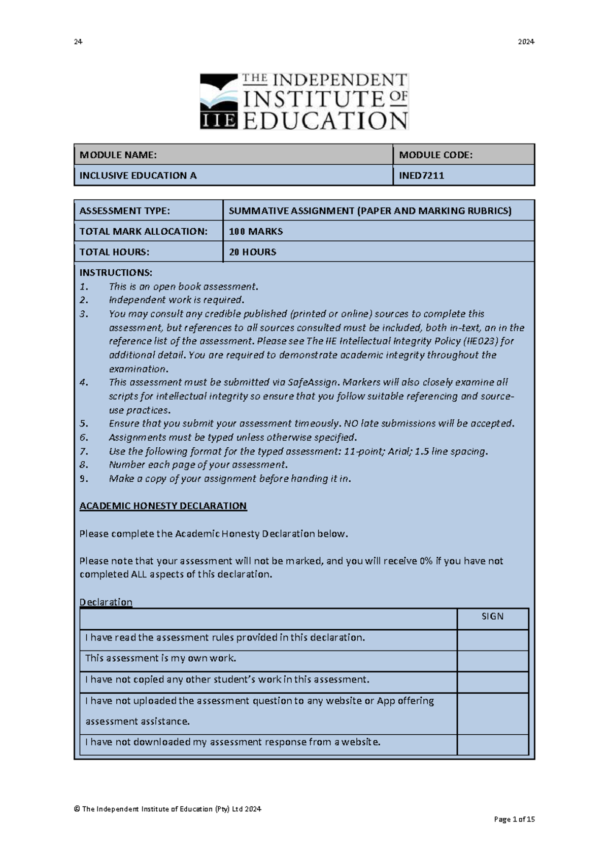 INED7211 Summative Assignment: Establishing Inclusive Education 2024 ...