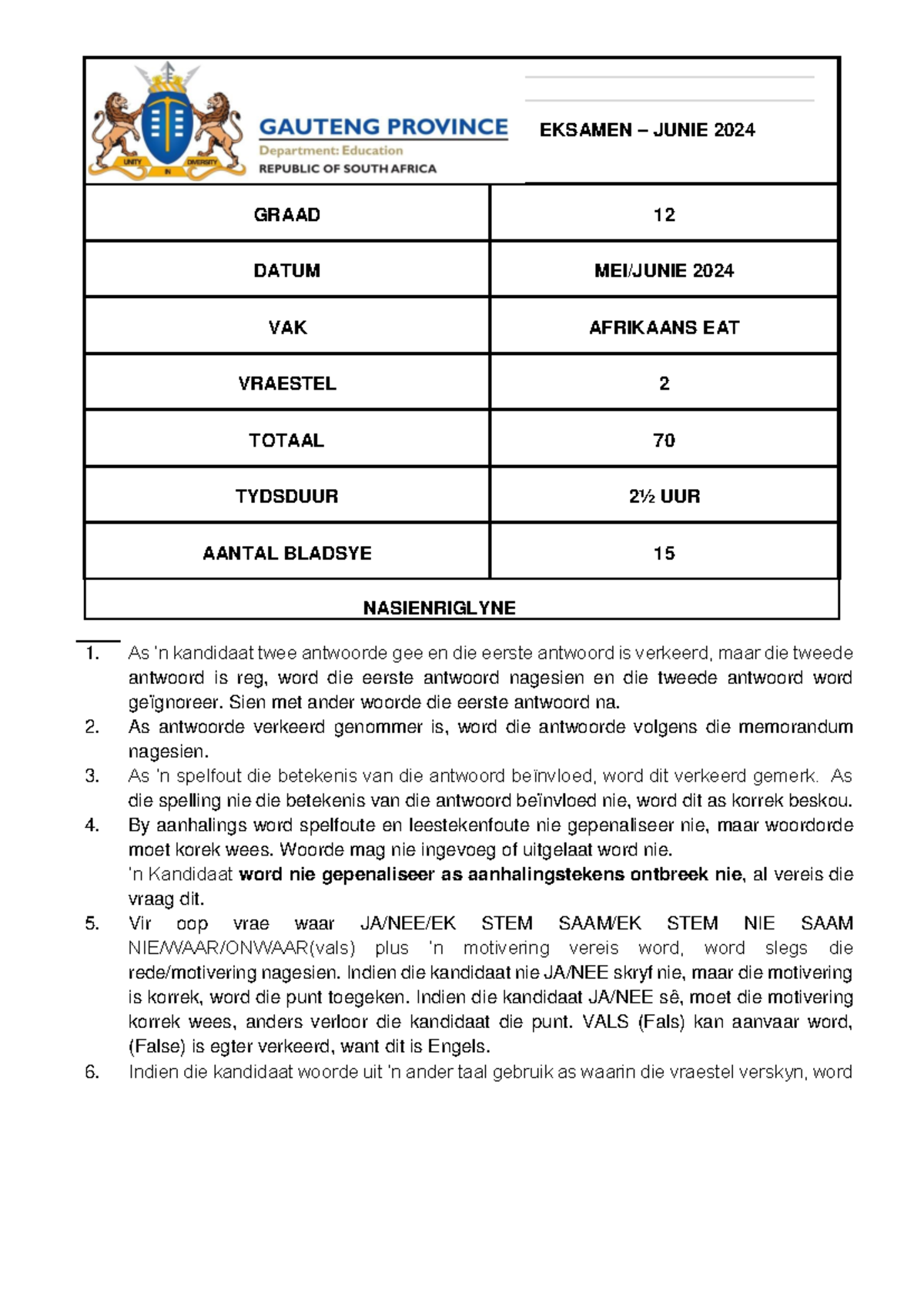 AFRIKAANS EAT GRAAD 12 JUNIE 2024 VRAESTEL 2 NASIENRIGLYNE - Studocu
