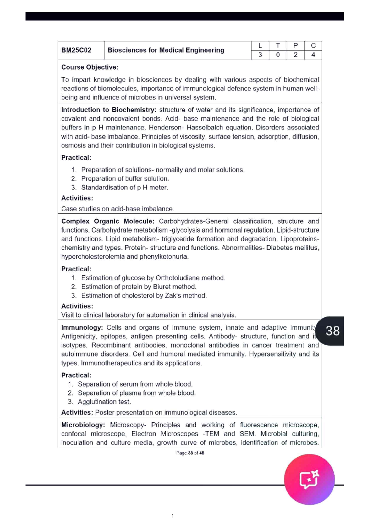 LTPC BM25C02 Final Exam Notes on Biosciences for Medical Engineering ...
