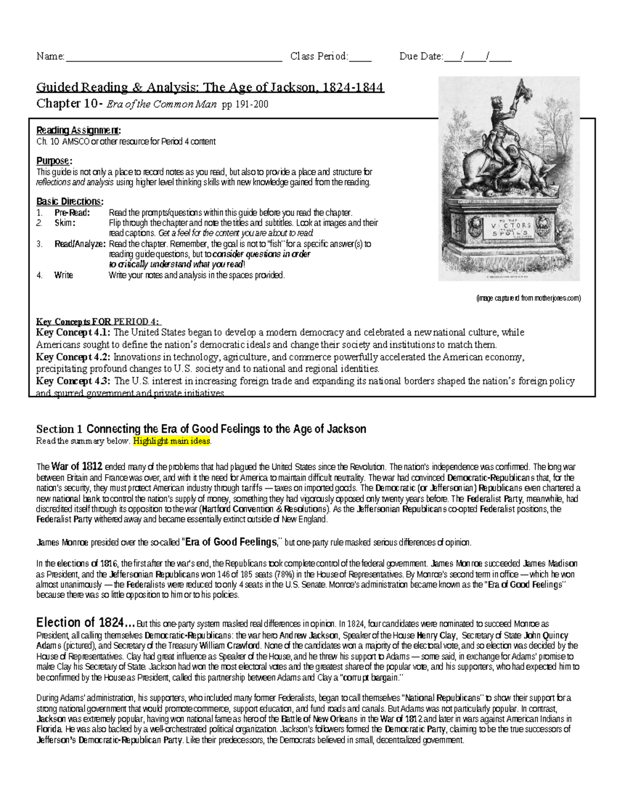 Chapter 10 Guided Reading & Analysis: The Age of Jackson (Period 4 ...
