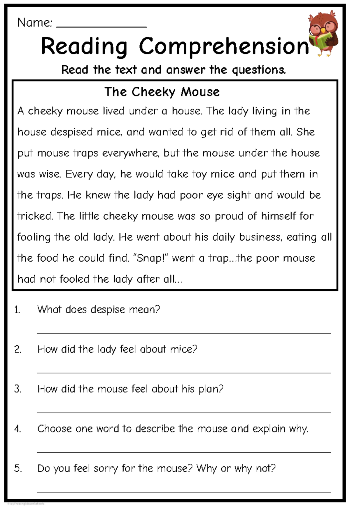 Reading Comprehension Grade 3: The Cheeky Mouse Story Analysis - Studocu