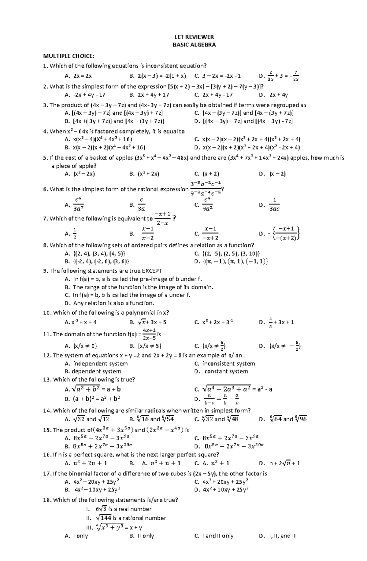 002 - Advanced Algebra - LET Reviewer: Basic Algebra MCQs - Studocu