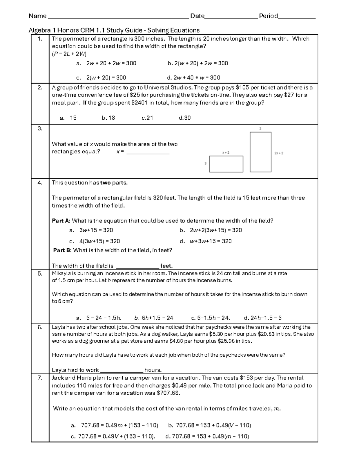Algebra 1 Honors CRM 1.1 Study Guide: Solving Equations & Word Problems ...