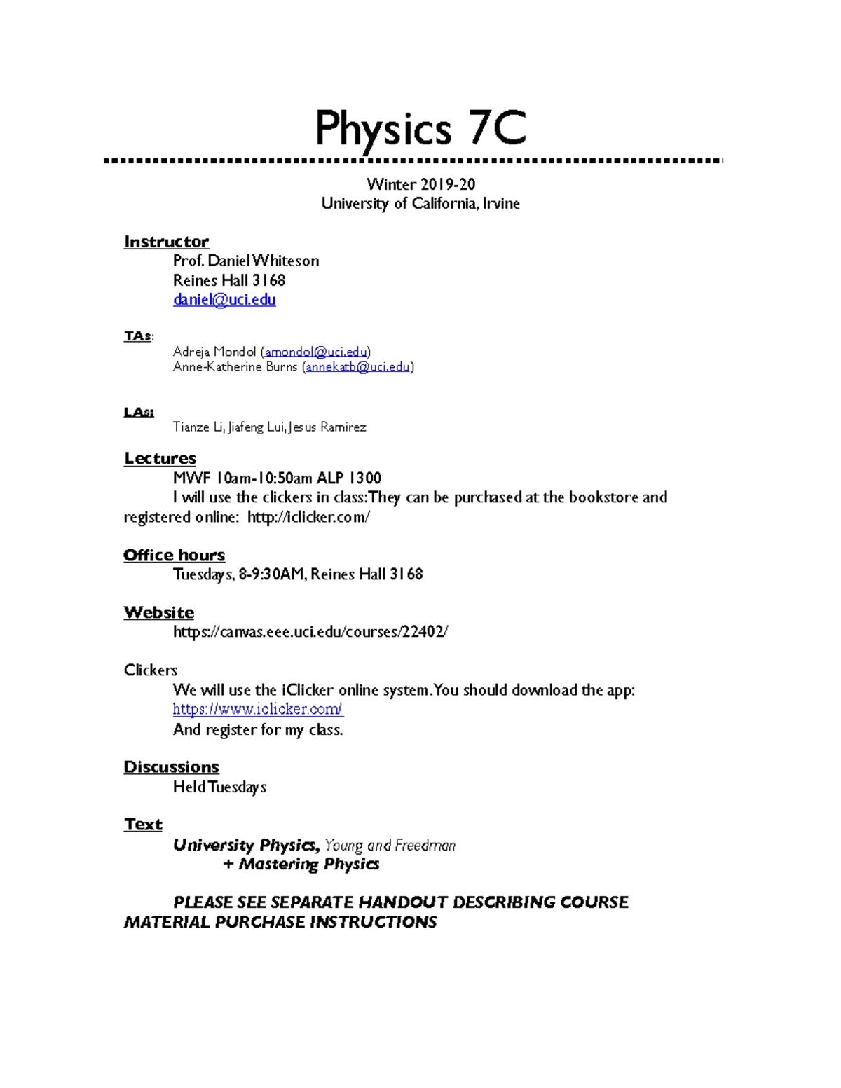 Syllabus for P Hysics 7C LEC B Classical Physics - Physics 7C Winter ...