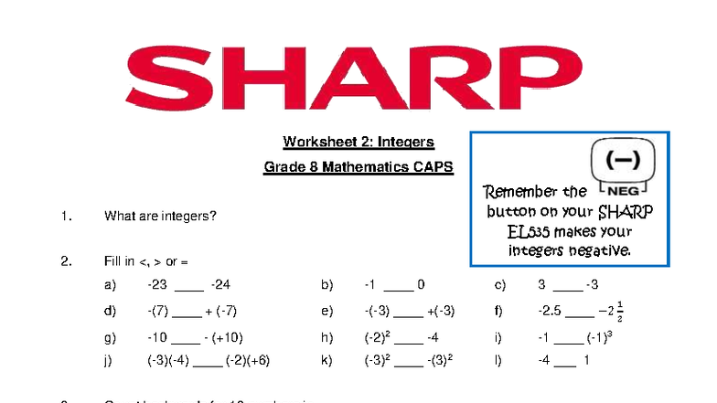 Worksheet 2: Integers Revision for Grade 8 Mathematics CAPS - Studocu