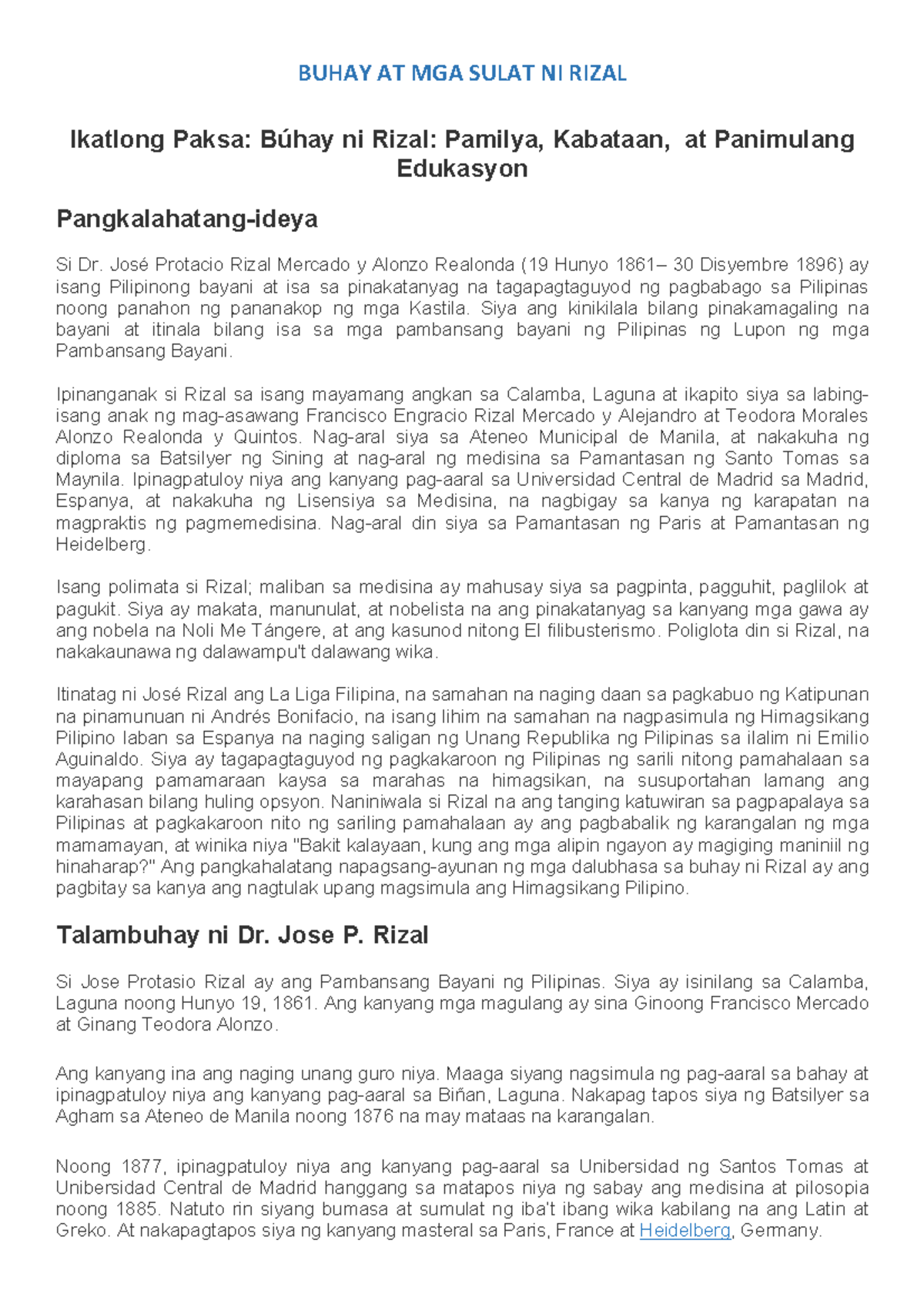 Aralin 3: Buhay ni Rizal - Pamilya, Kabataan, at Edukasyon - Studocu