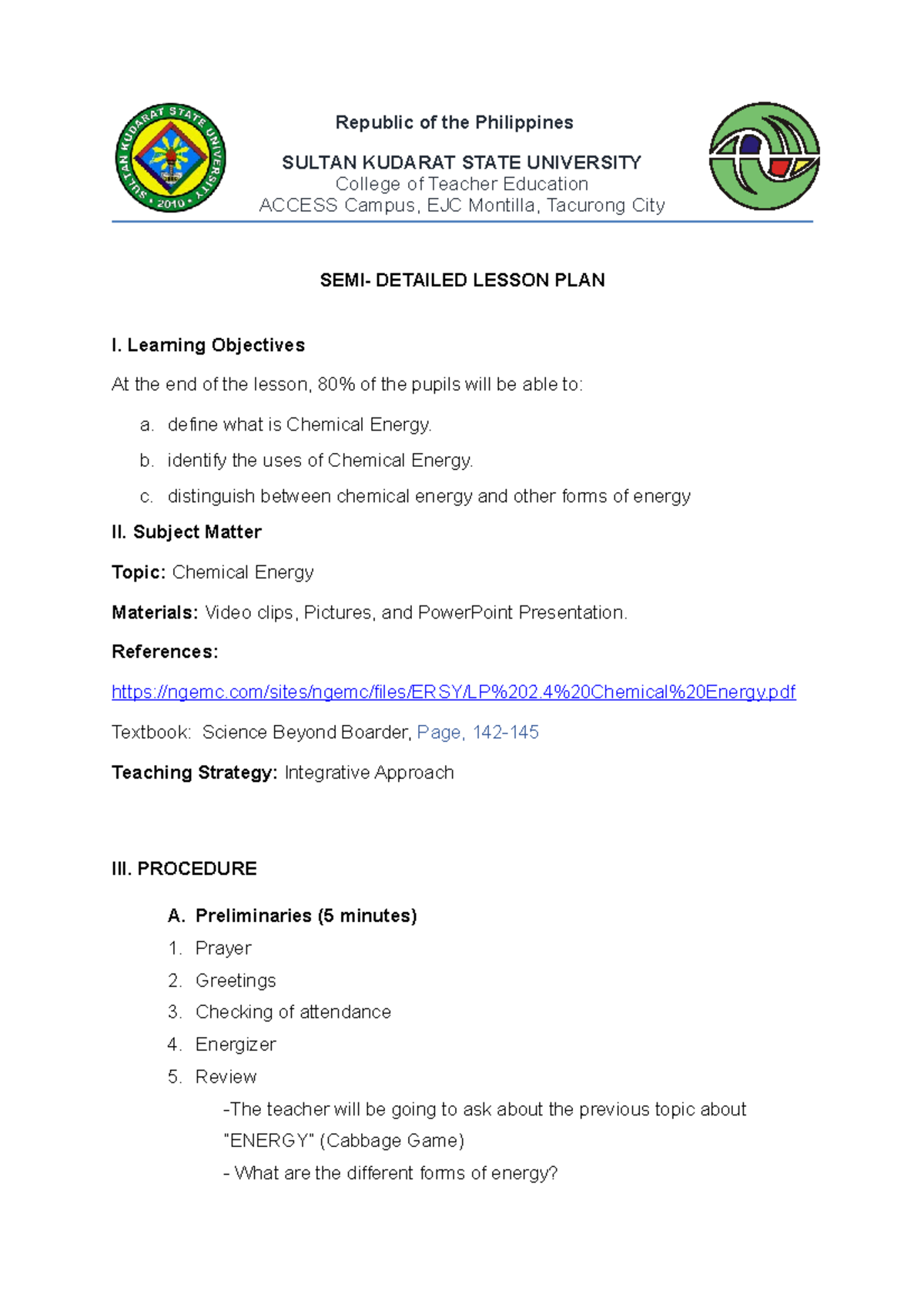 Lesson Plan on Chemical Energy for Grade 6 - CTE 101 - Studocu