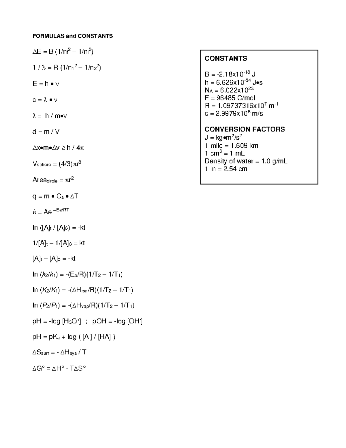 Formula Sheet and Periodic Table - FORMULAS and CONSTANTS E = B (1/nf 2 ...