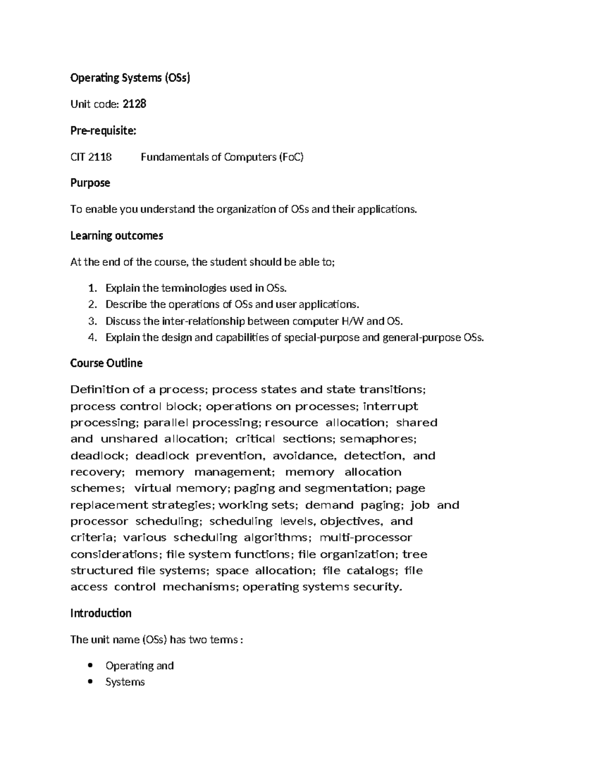 OSs1 - Lecture notes - Operating Systems (OSs) Unit code: 2128 Pre ...