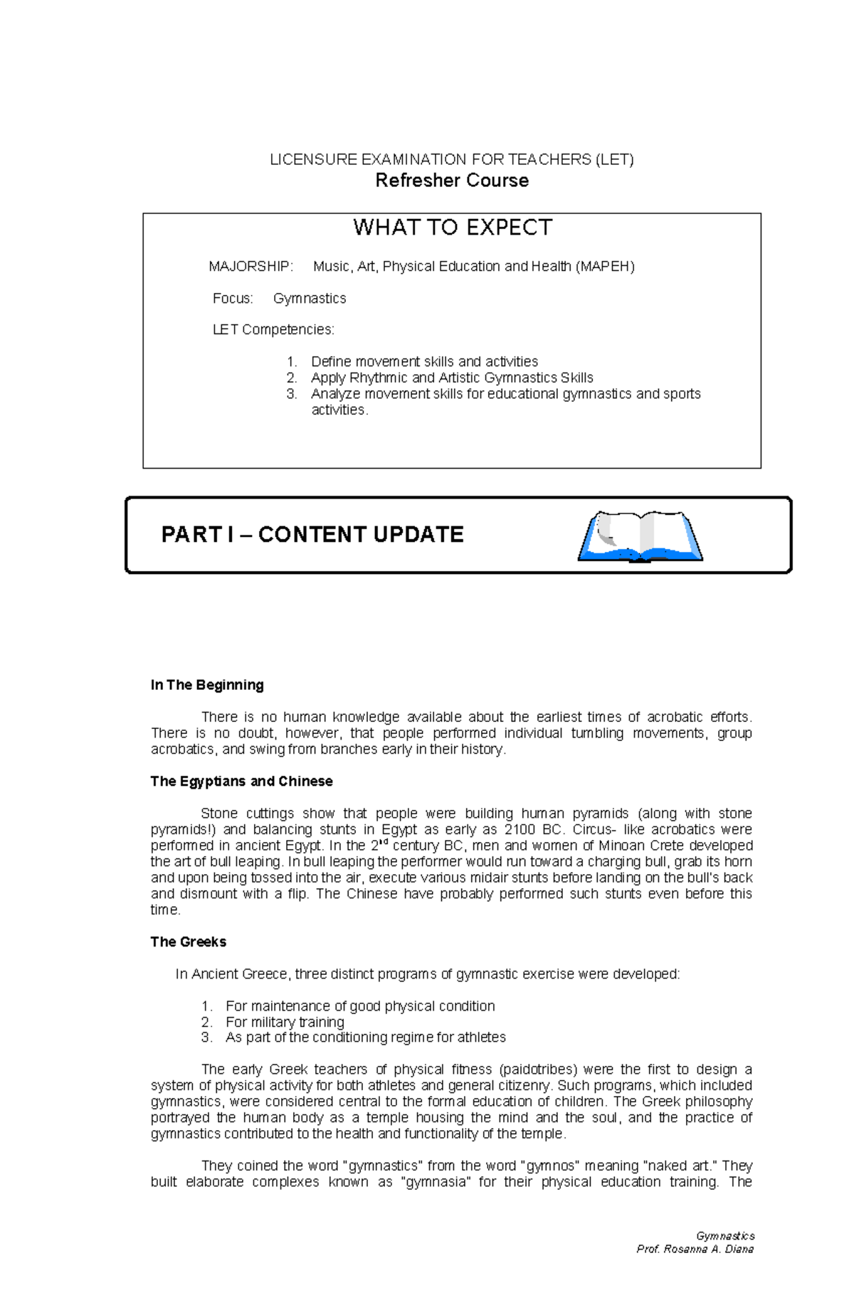 PE LET Gymnastics Refresher Course: MAPEH Focus on Competencies - Studocu