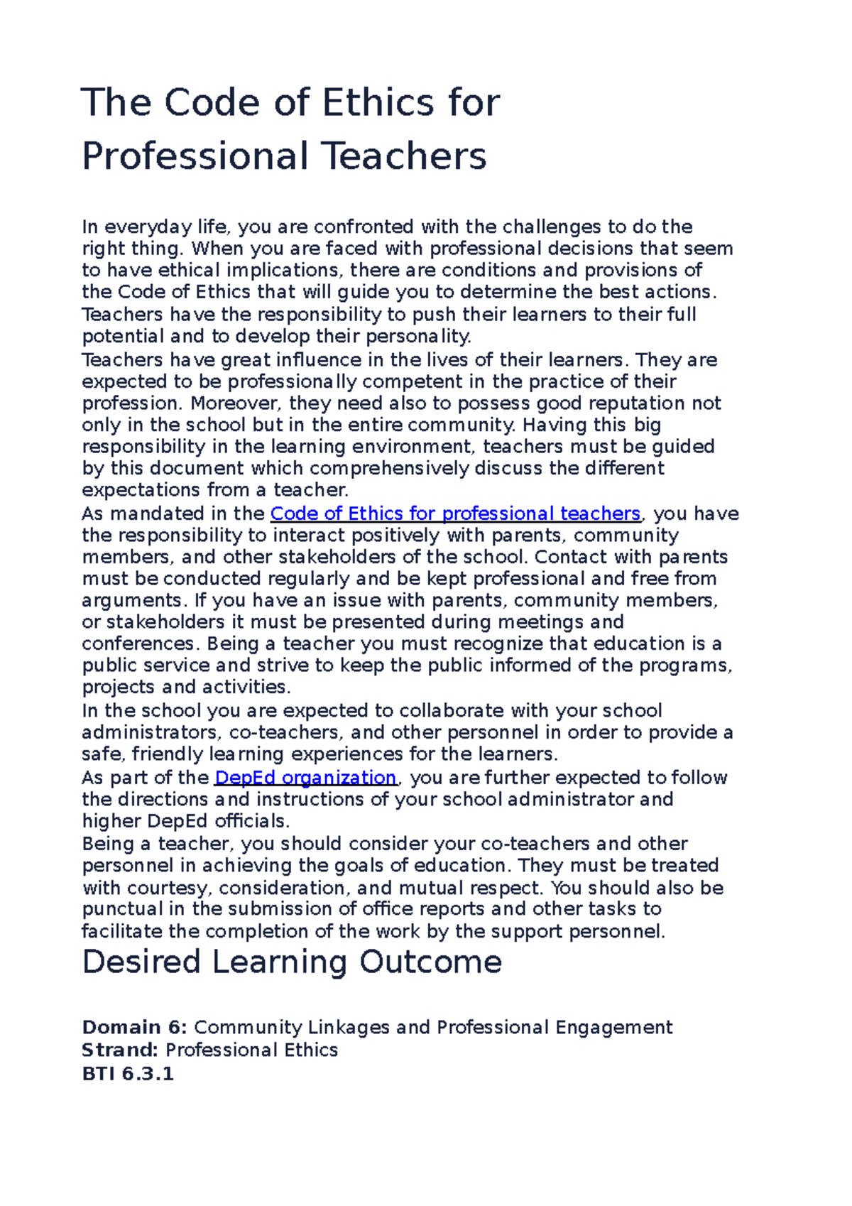 The Code of Ethics for Professional Teacher - The Code of Ethics for ...