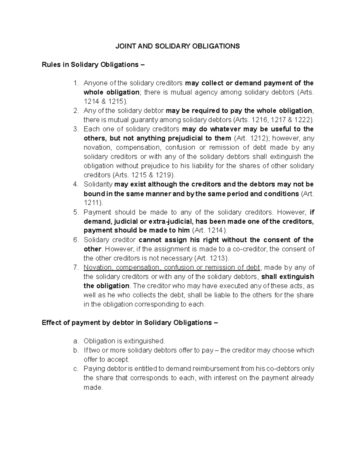 Joint and Solidary Obligations: Key Rules and Effects Explained - Studocu