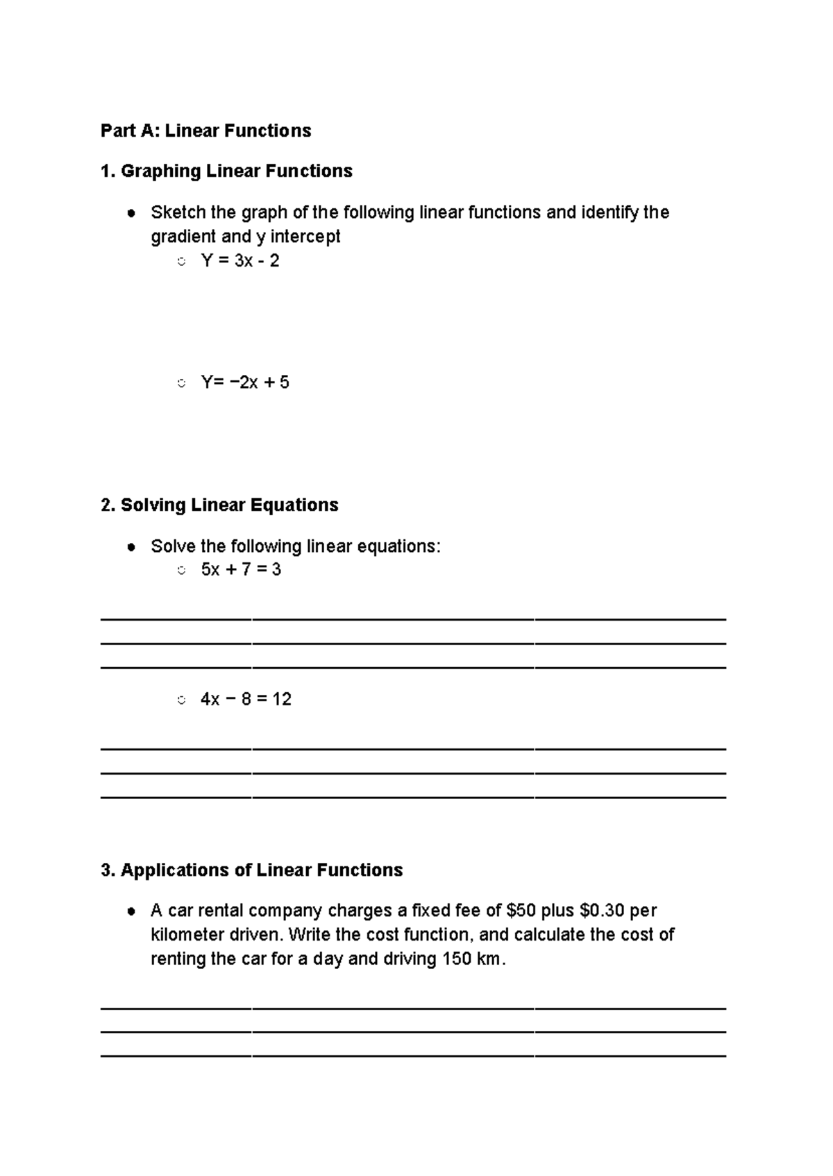 Linear and Quadratic practice SAC - Part A: Linear Functions Graphing ...