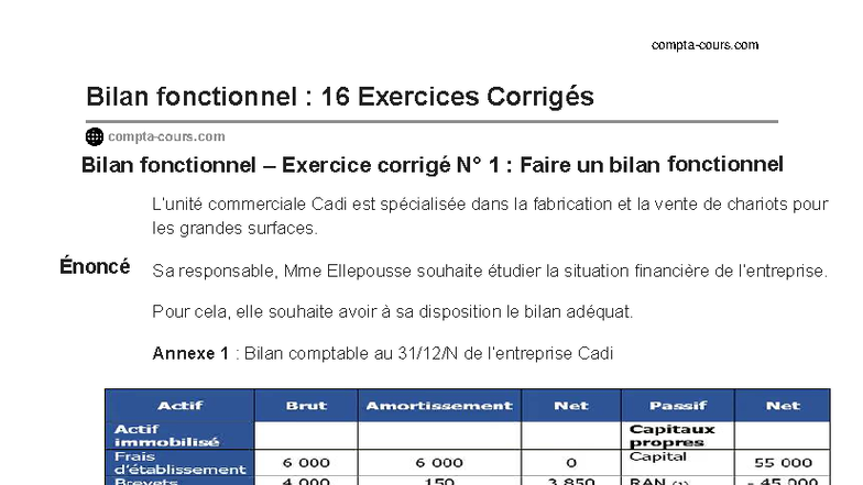 Exercices Corrigés de Bilan Fonctionnel : 16 Cas Pratiques - Studocu