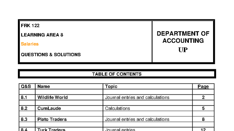 FRK 122 - LA 8 - Solutions for Salaries Questions & Journal Entries ...