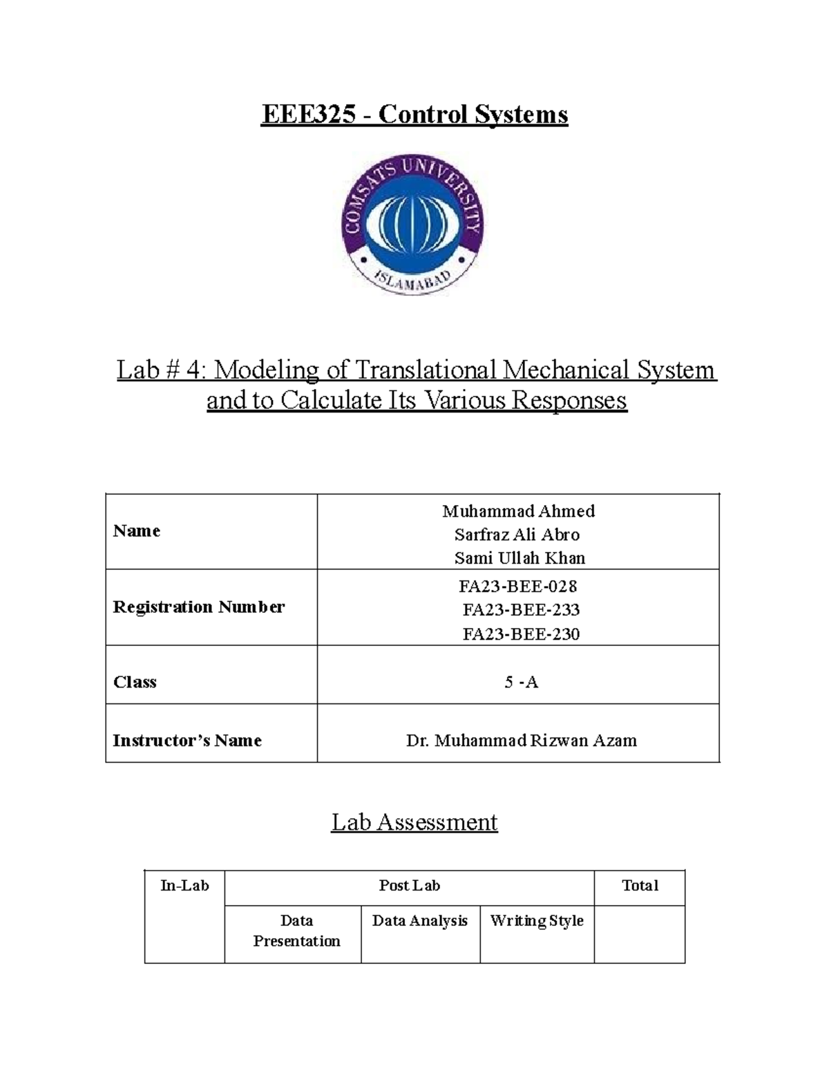 LAB 4: Modeling & Response Analysis of Translational Systems - Studocu