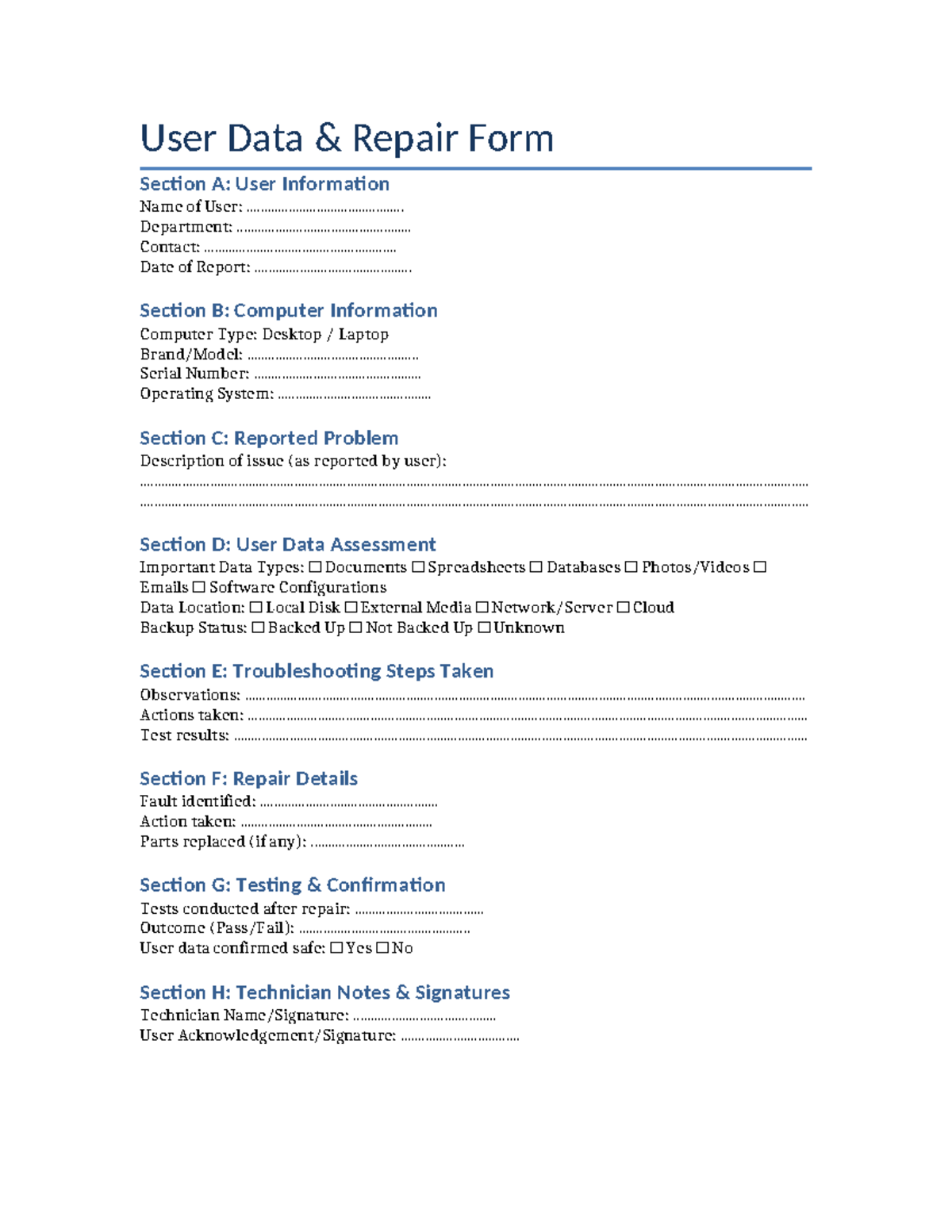 User Data Repair Form: Comprehensive Guide for Technicians - Studocu