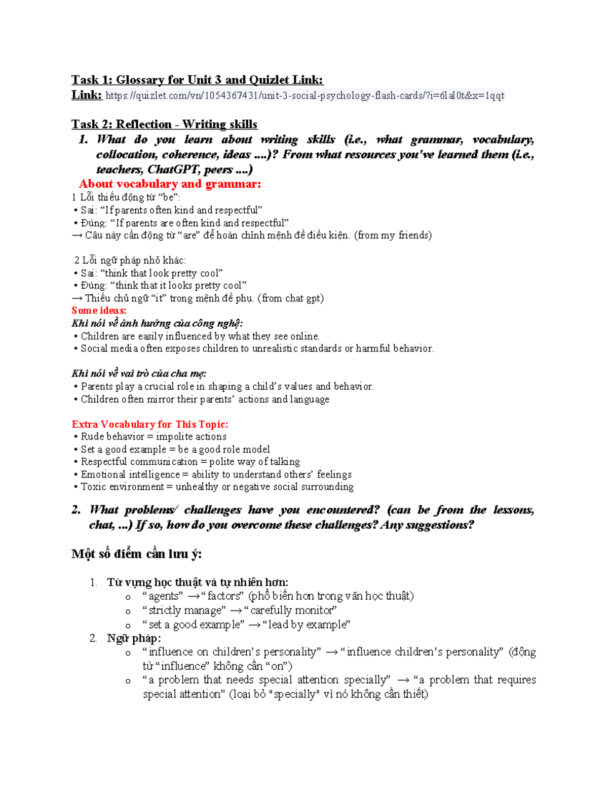 Unit 3 Writing Skills Reflection & Vocabulary Enhancement for Pre-IELTS ...
