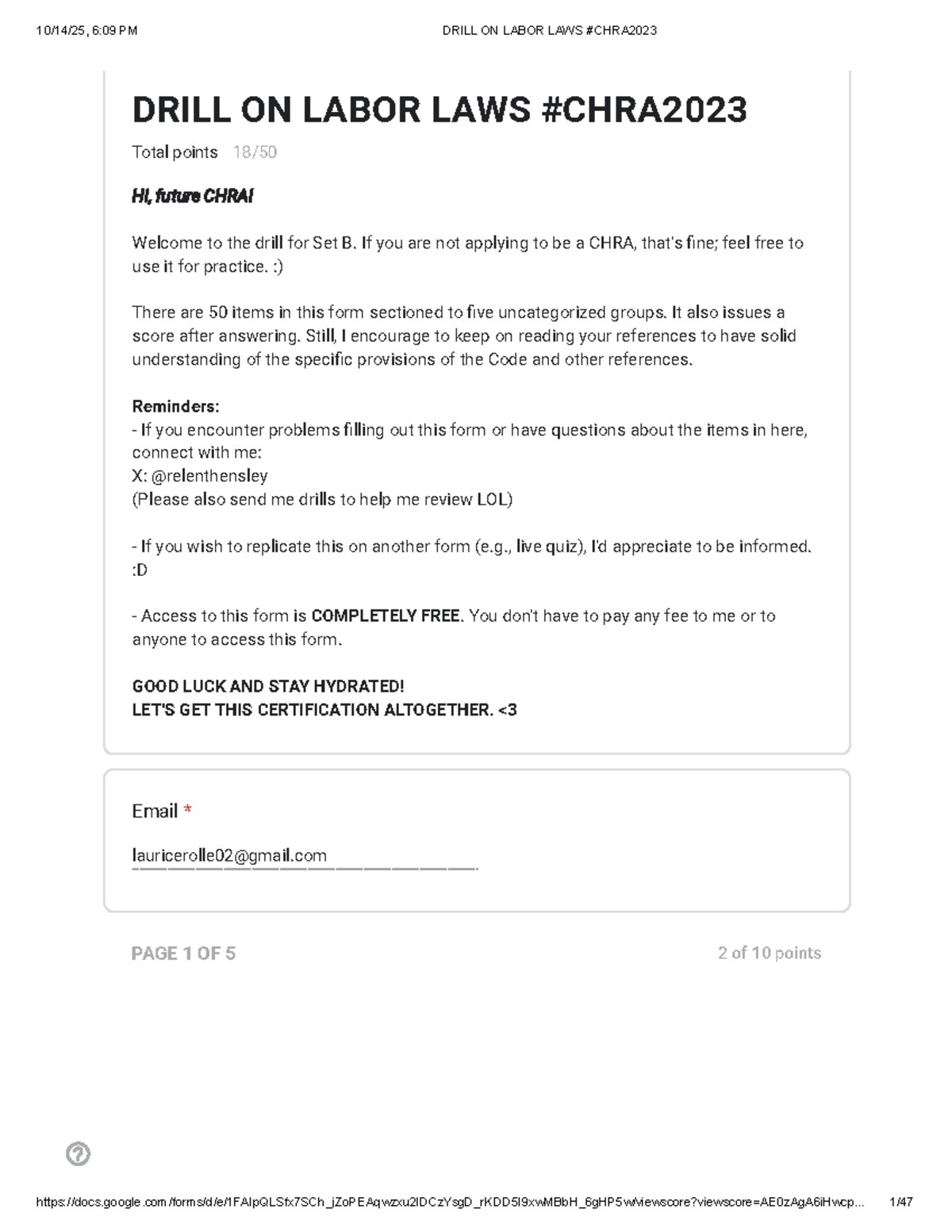 Drill on Labor Laws for CHRA 2023: Set B Practice Questions - Studocu