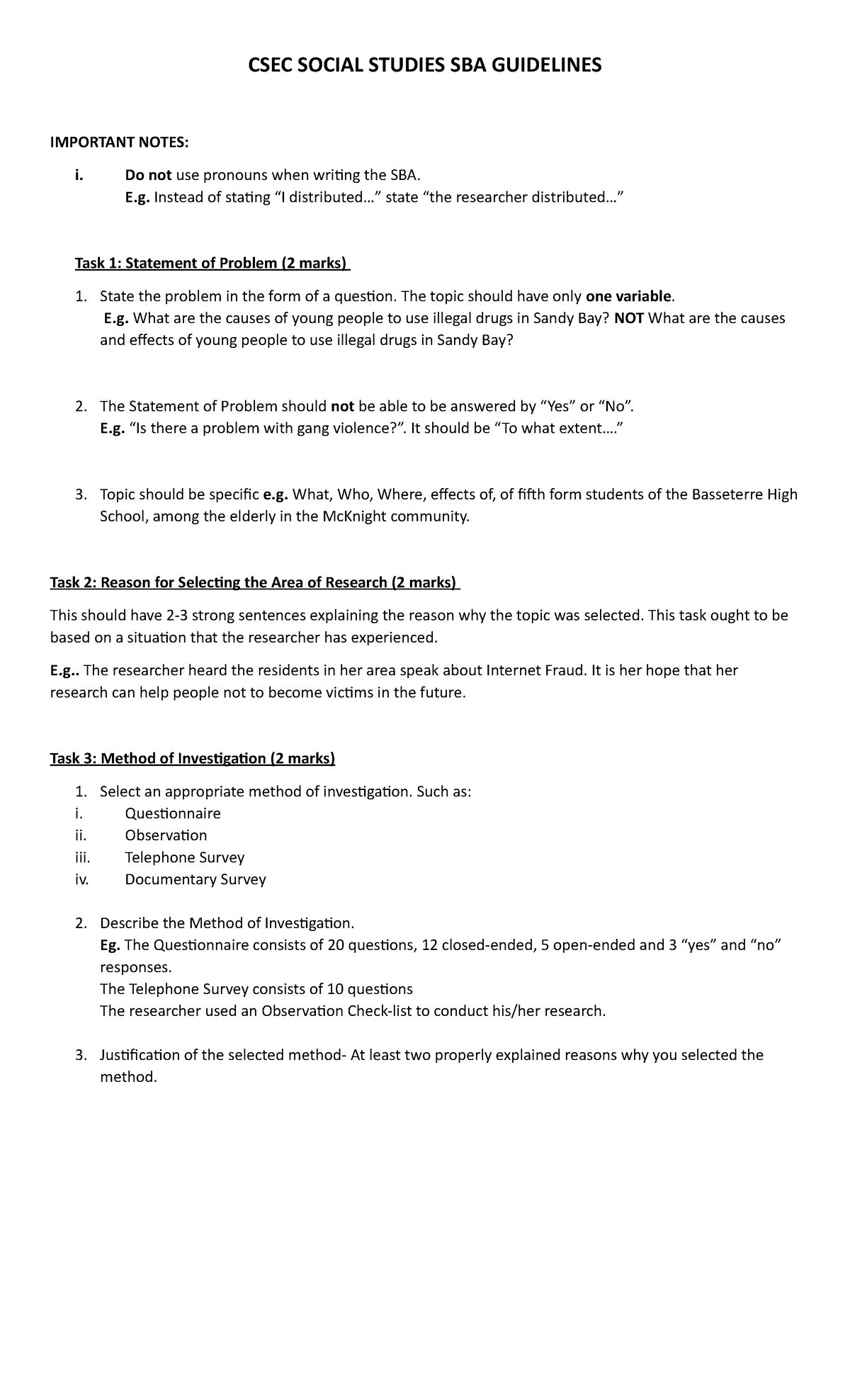 CSEC Social Studies SBA Guidelines and rubric - CSEC SOCIAL STUDIES SBA ...