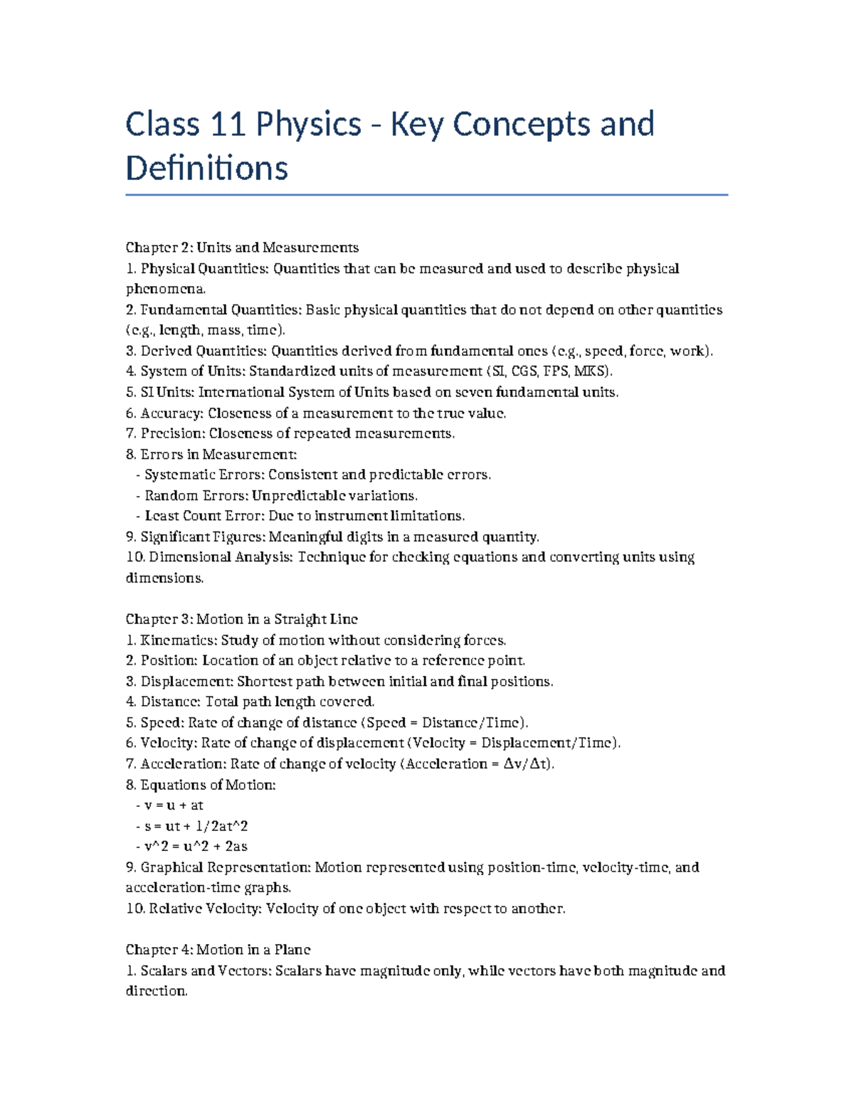 Class 11 Physics Concepts and Definitions - Class 11 Physics - Key ...