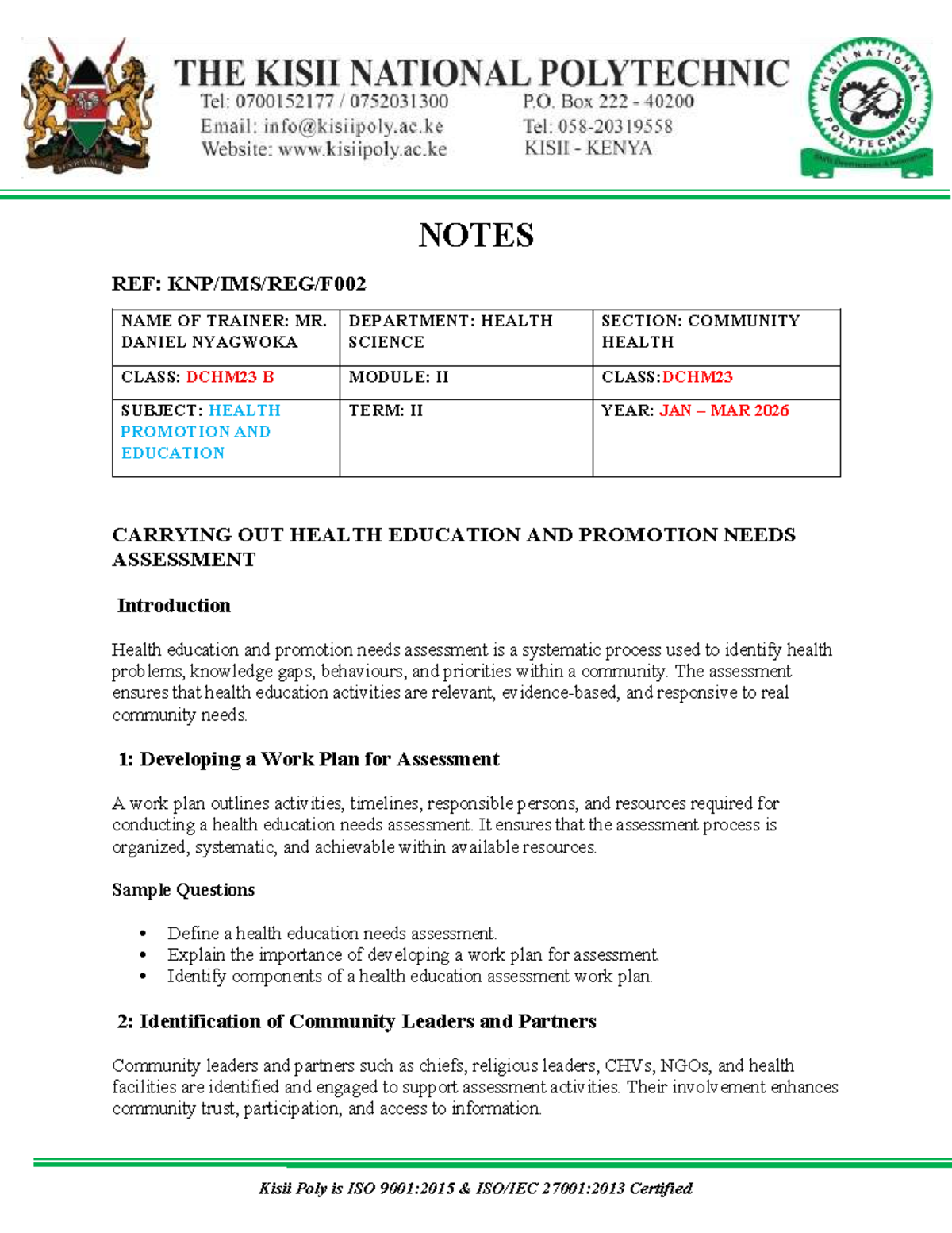 Health Promotion and Education Notes - DCHM23 B Term II - Studocu