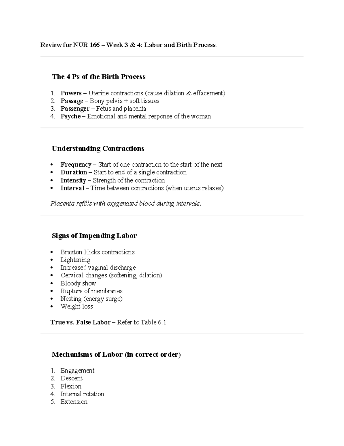 NUR 166 Week 3 & 4 Study Guide: Labor and Birth Process Overview - Studocu