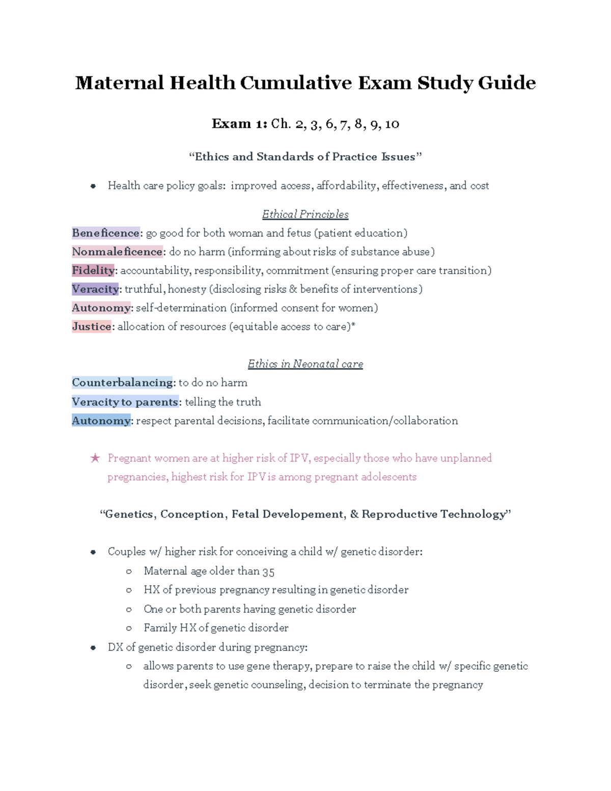 Maternal Health Cumulative Exam Study Guide: Key Concepts for Exam 1 ...