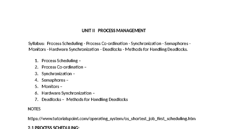 UNIT II Process Management: Scheduling, Synchronization & Deadlocks ...