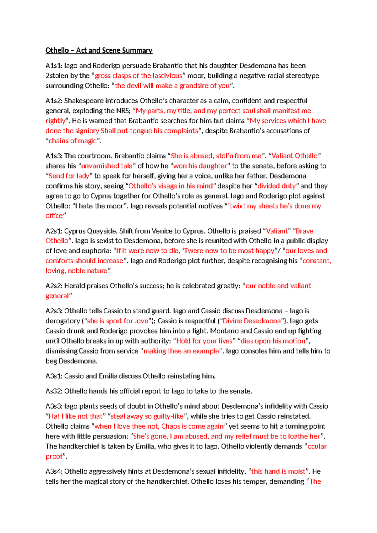 Othello A-Level Revision: Scene Summaries, Context & Key Points - Studocu