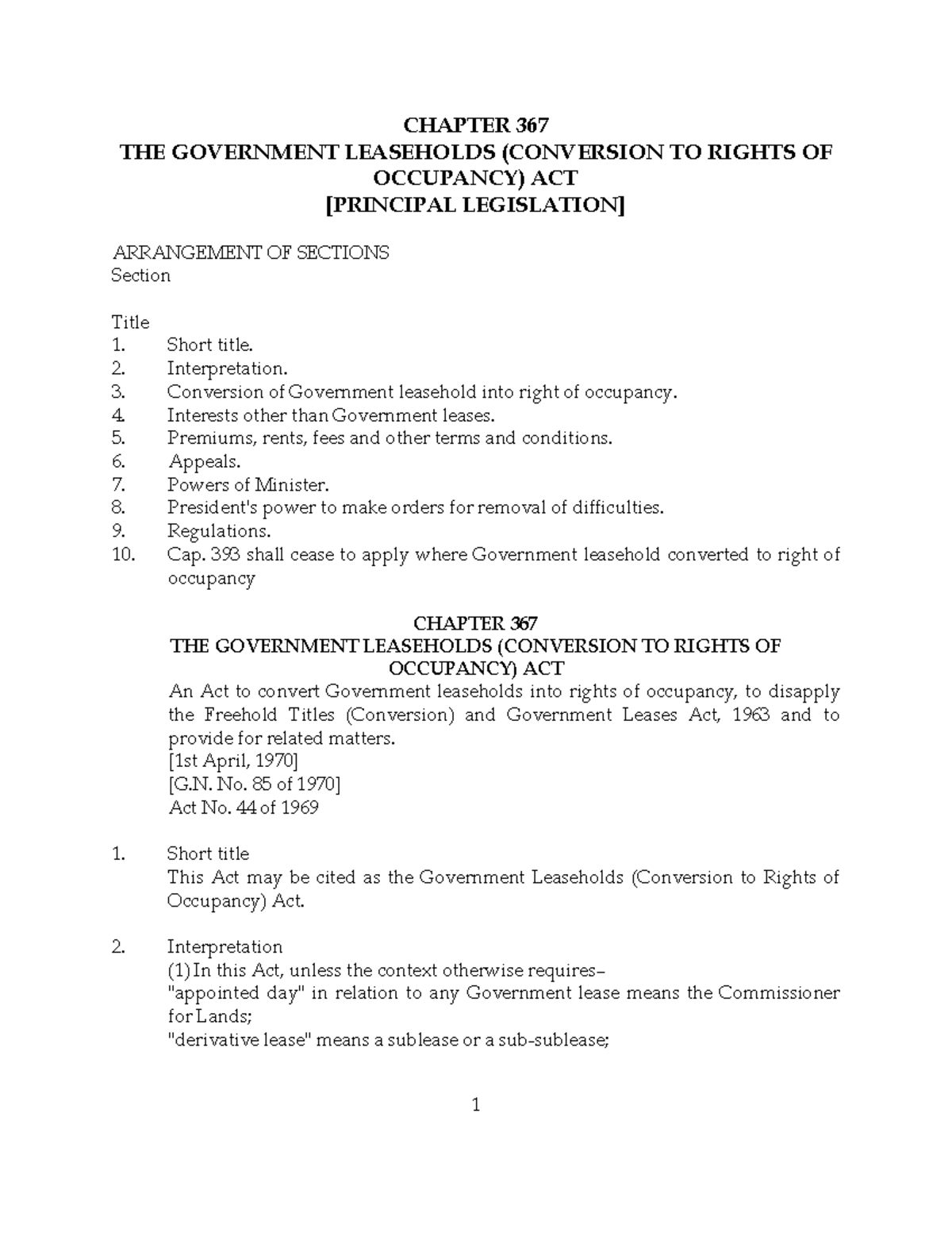 CHAPTER 367: GOVERNMENT LEASEHOLDS (CONVERSION TO RIGHTS OF OCCUPANCY ...