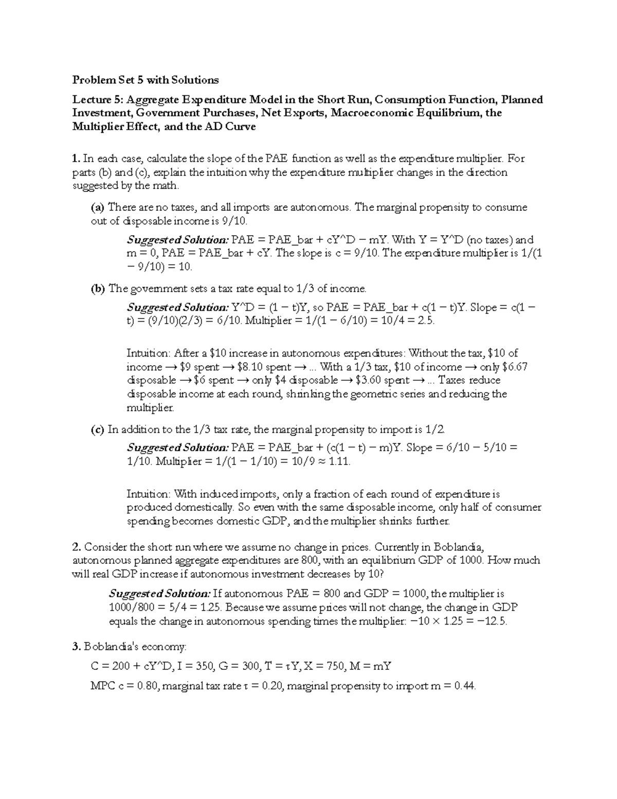 Problem Set 5 Solutions: Aggregate Expenditure Model Analysis - Studocu