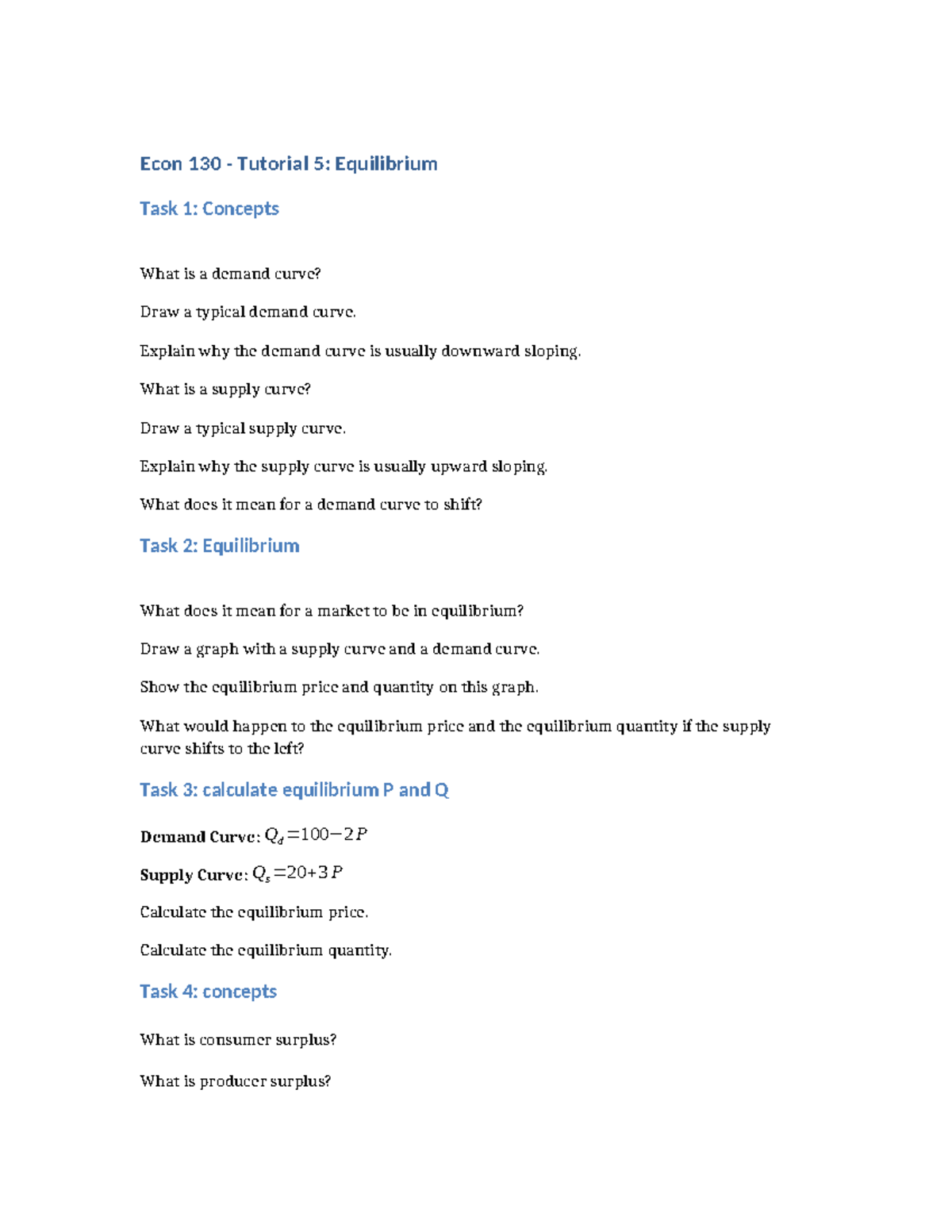 Econ130 - tutorial questions - Econ 130 - Tutorial 5: Equilibrium Task ...