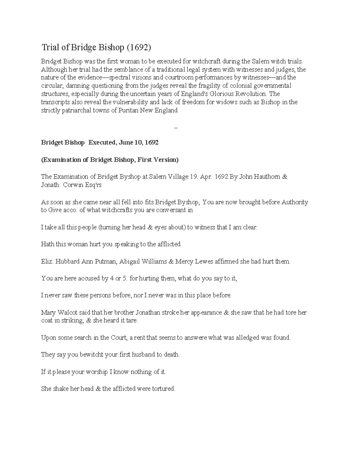 Trial of Bridget Bishop (1692): A Study of Witchcraft and Justice - Studocu